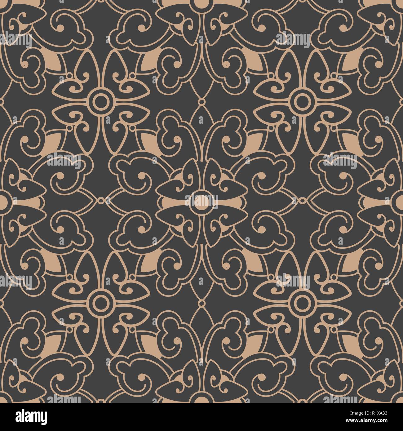 Vector damask seamless retro pattern background oriental spiral curve cross frame leaf vine ...