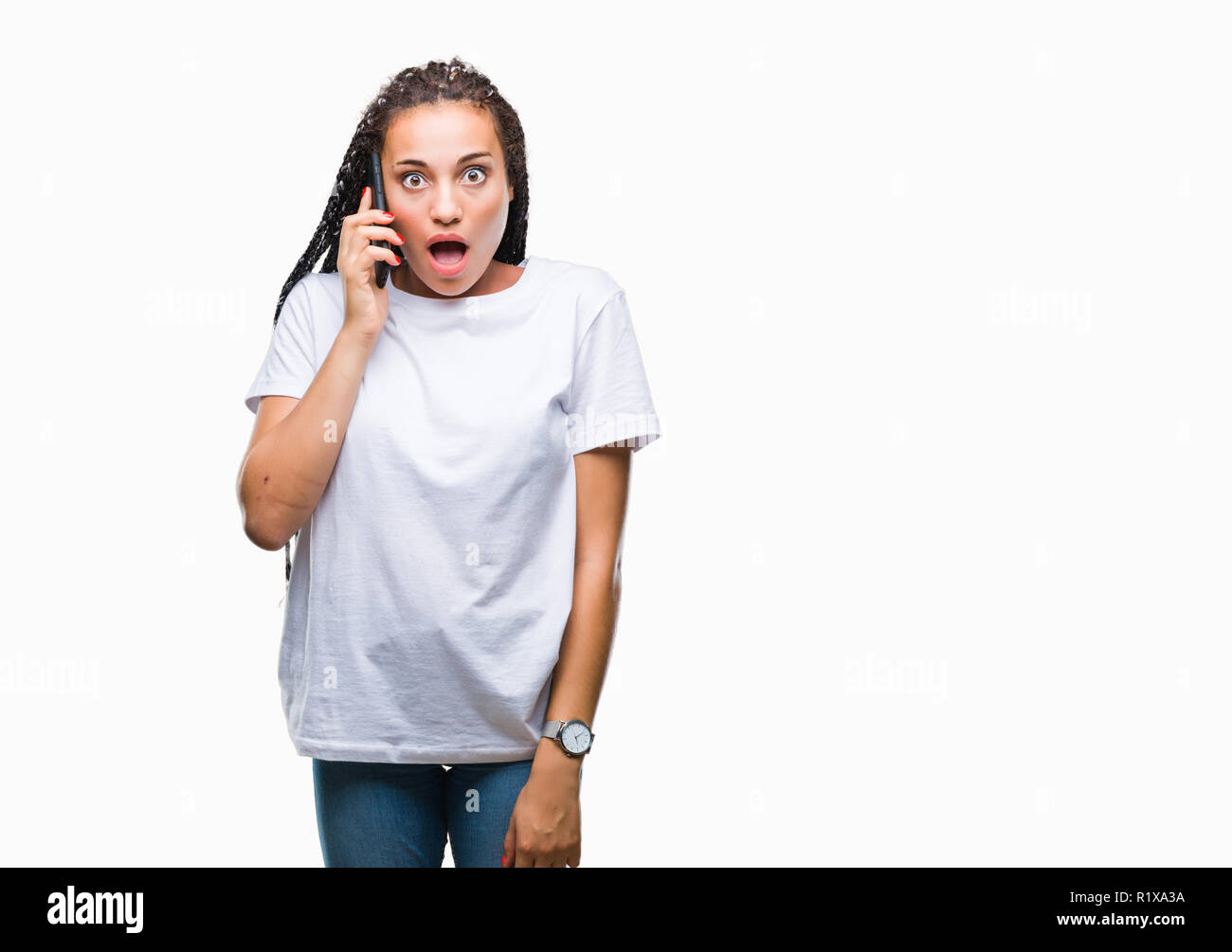 Young braided hair african american girl showing calling using ...