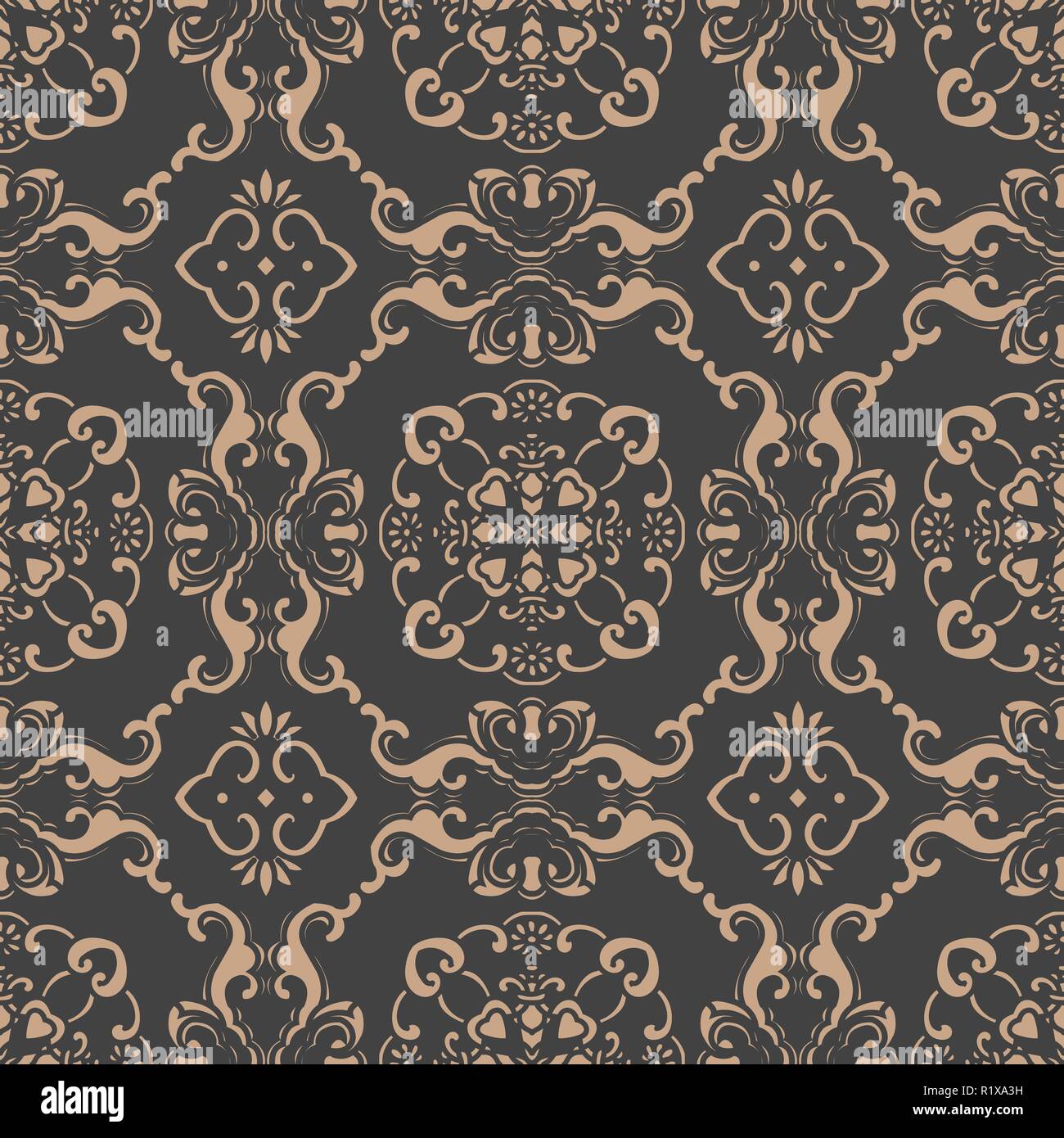 Vector damask seamless retro pattern background oriental spiral curve cross frame leaf vine ...