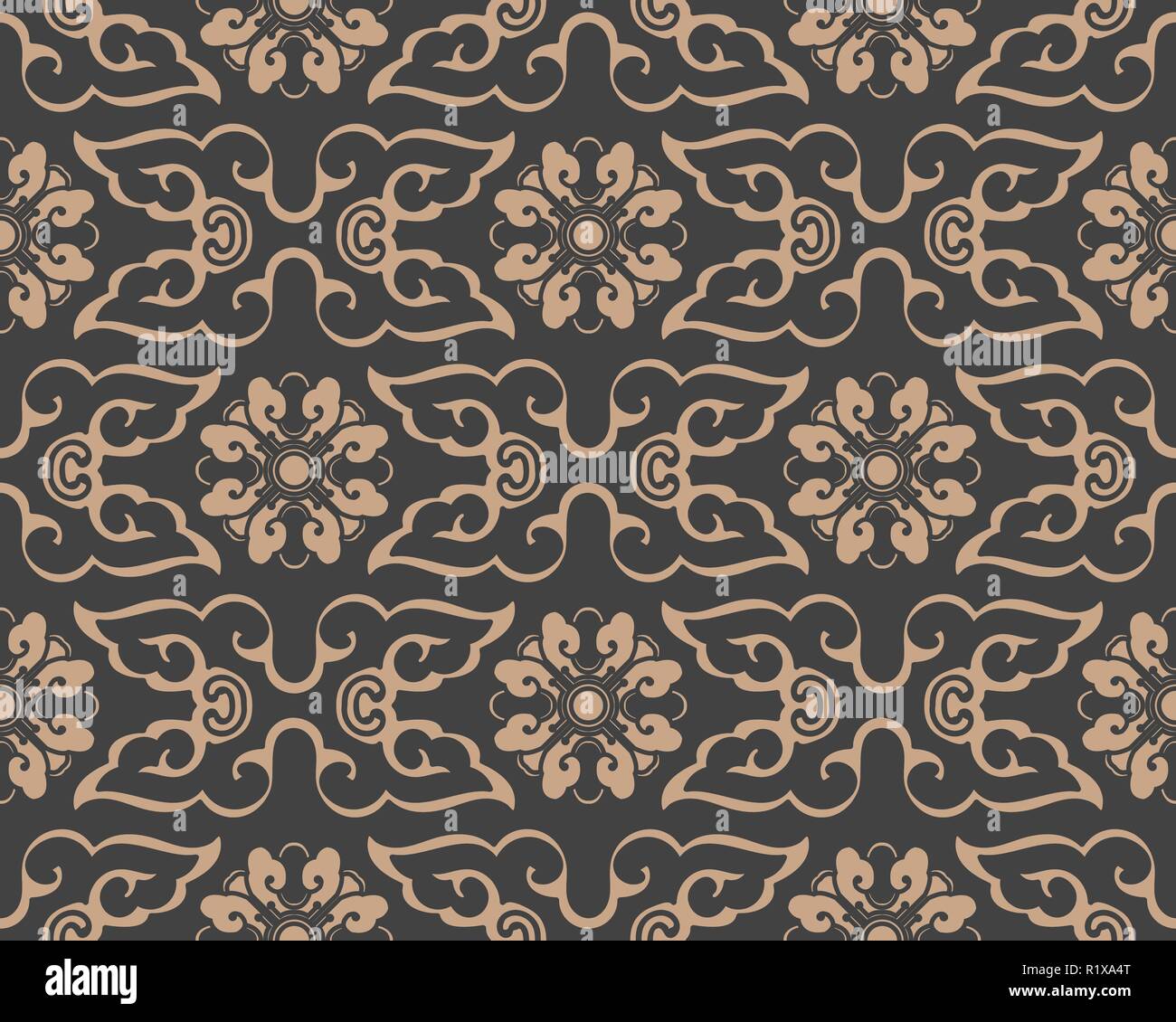 Vector damask seamless retro pattern background oriental spiral curve cross frame leaf vine ...