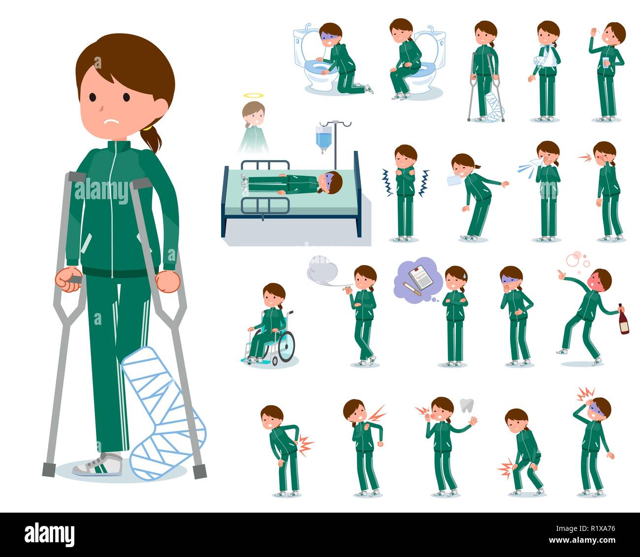 A set of women in sportswear with injury and illness.There are actions ...