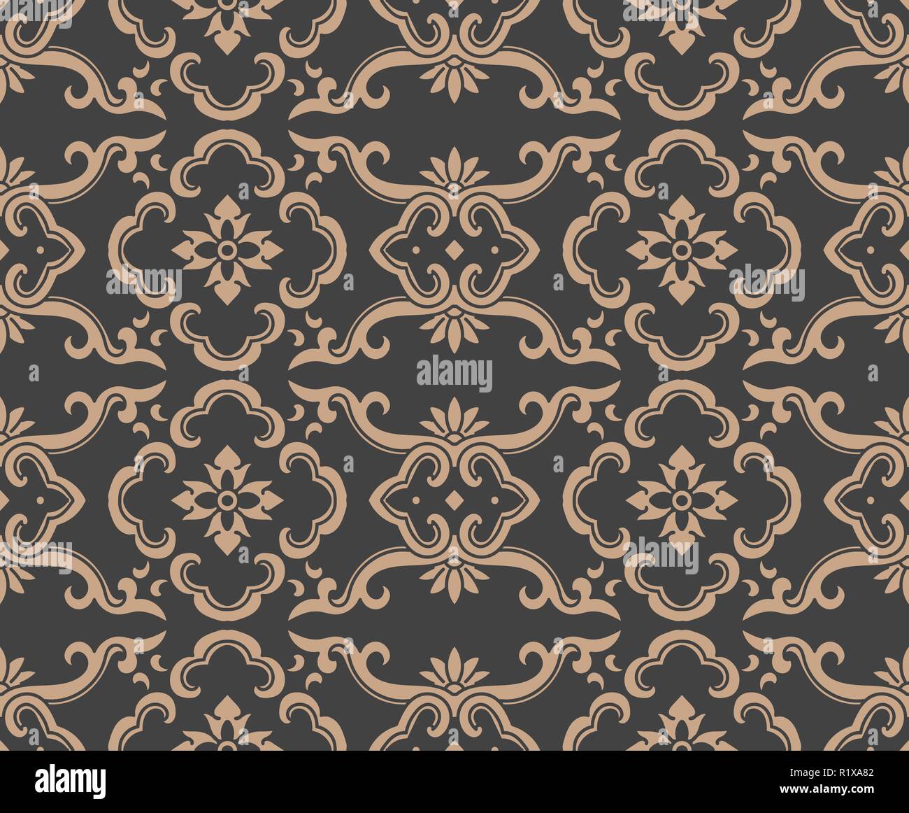 Vector damask seamless retro pattern background oriental spiral curve cross frame leaf vine ...