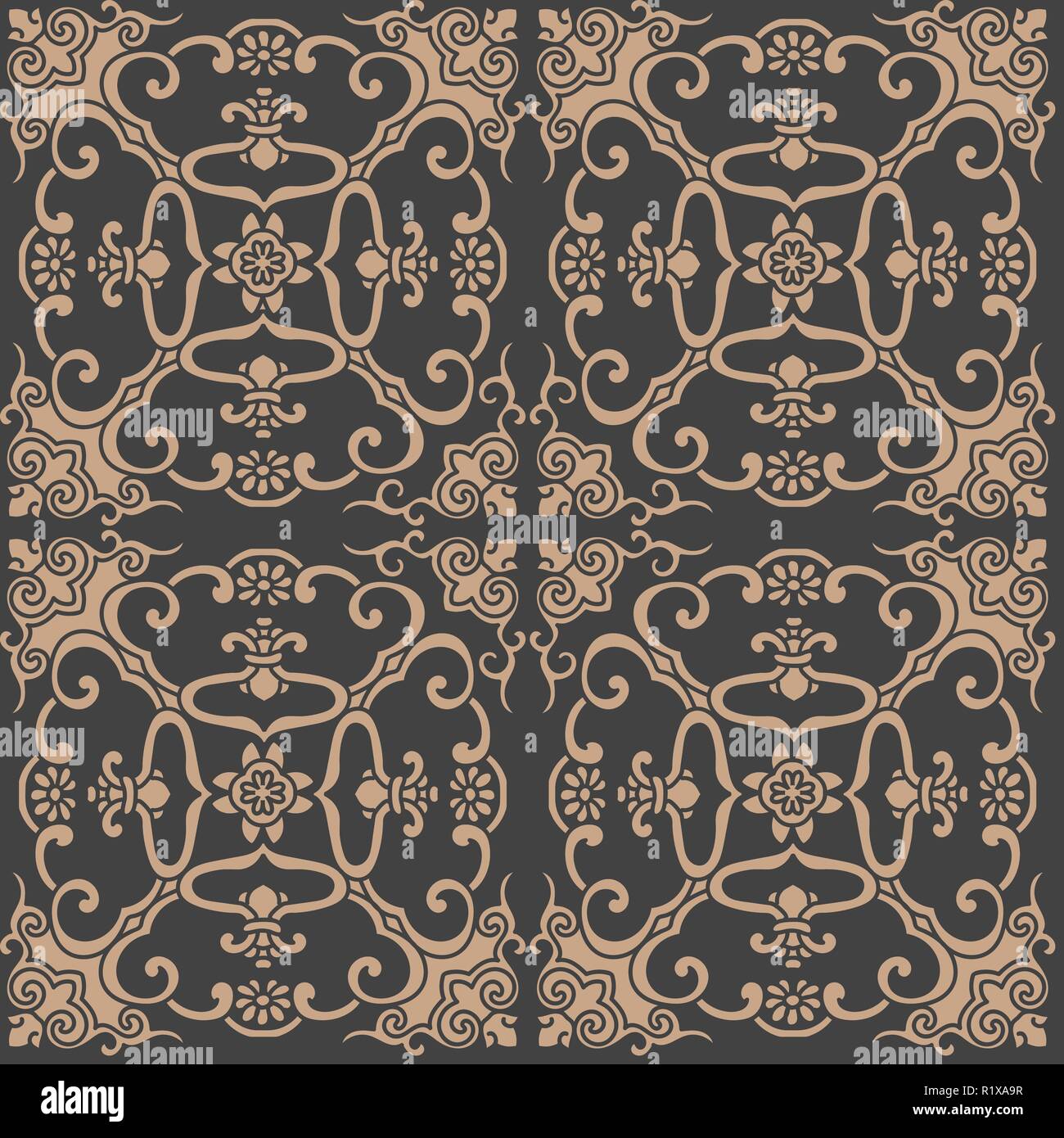Vector damask seamless retro pattern background spiral curve cross oriental frame chain leaf ...