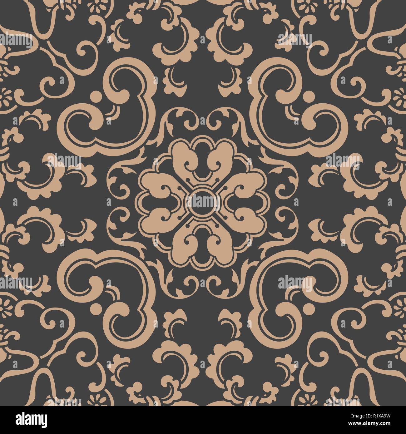 Vector damask seamless retro pattern background spiral curve cross oriental frame chain leaf ...