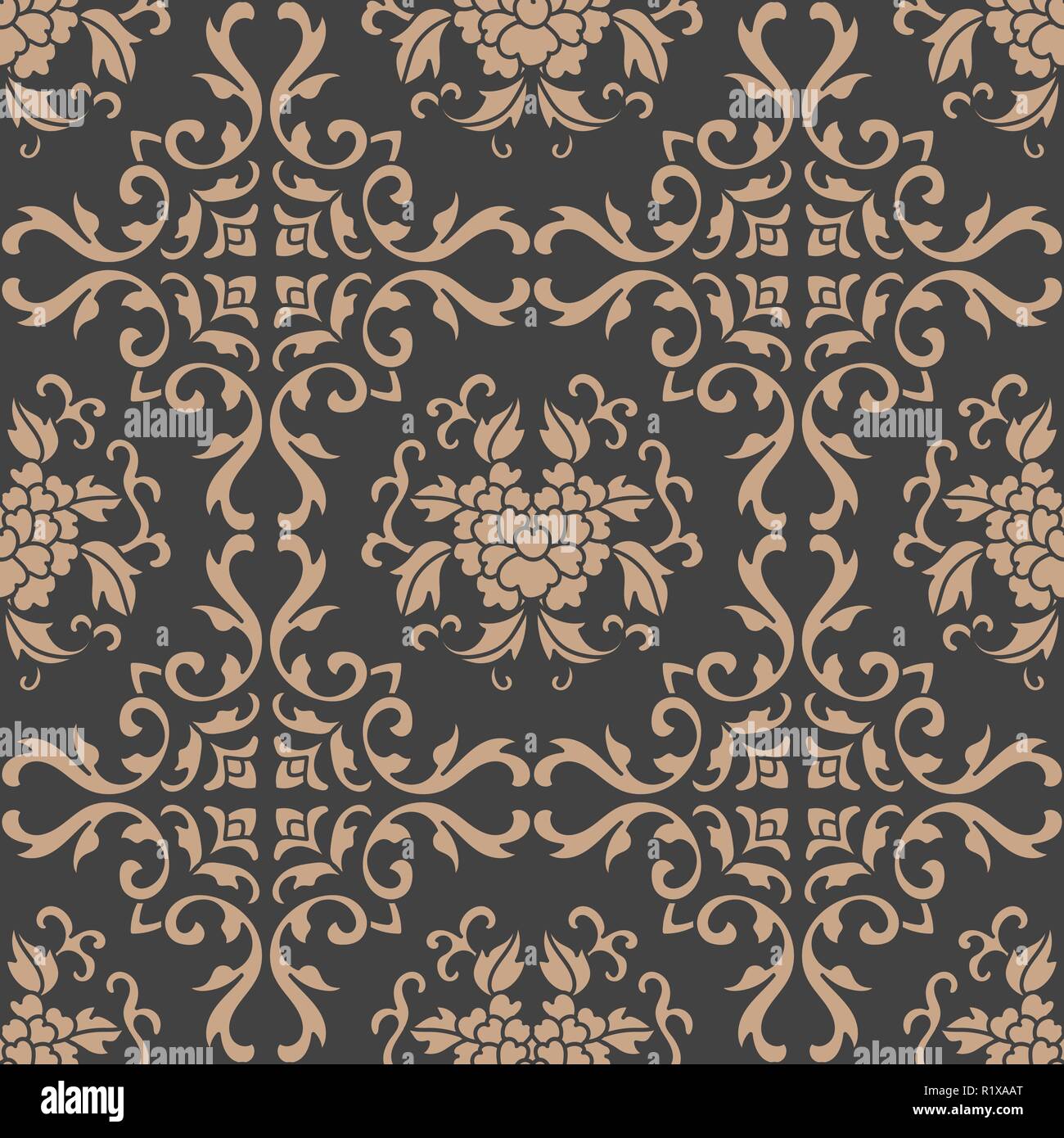 Vector damask seamless retro pattern background spiral curve cross oriental frame chain leaf ...