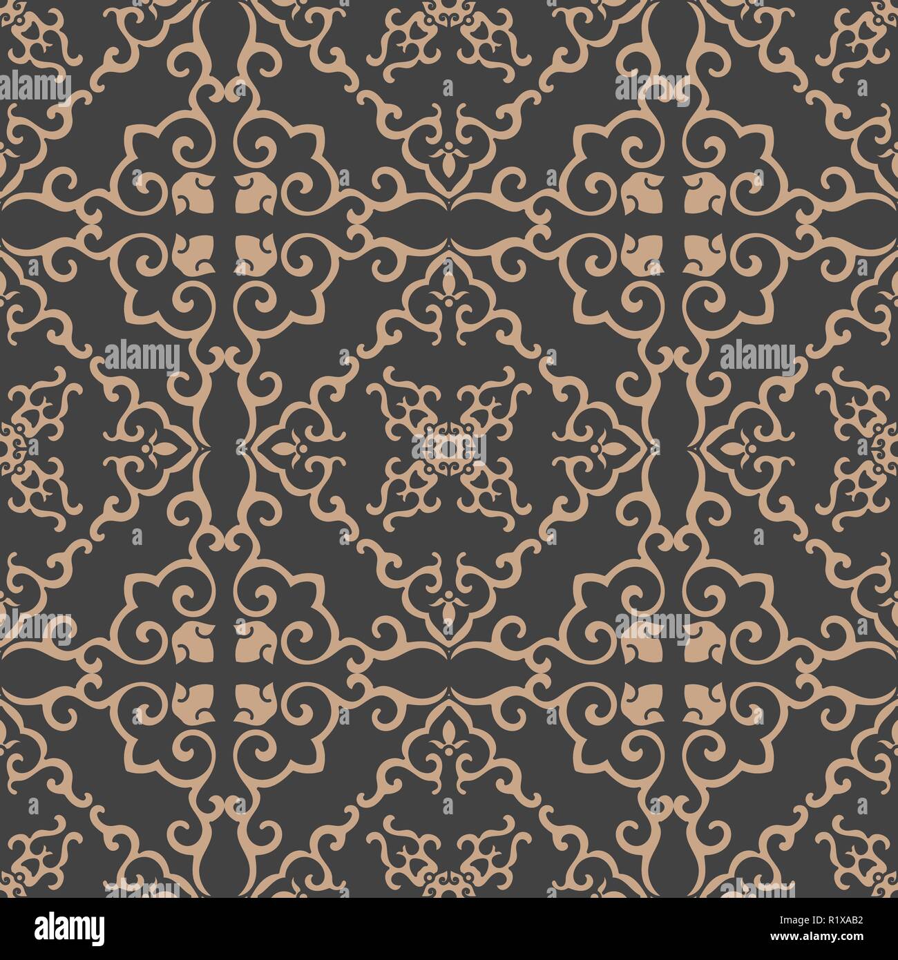 Vector damask seamless retro pattern background spiral curve cross oriental frame chain leaf ...