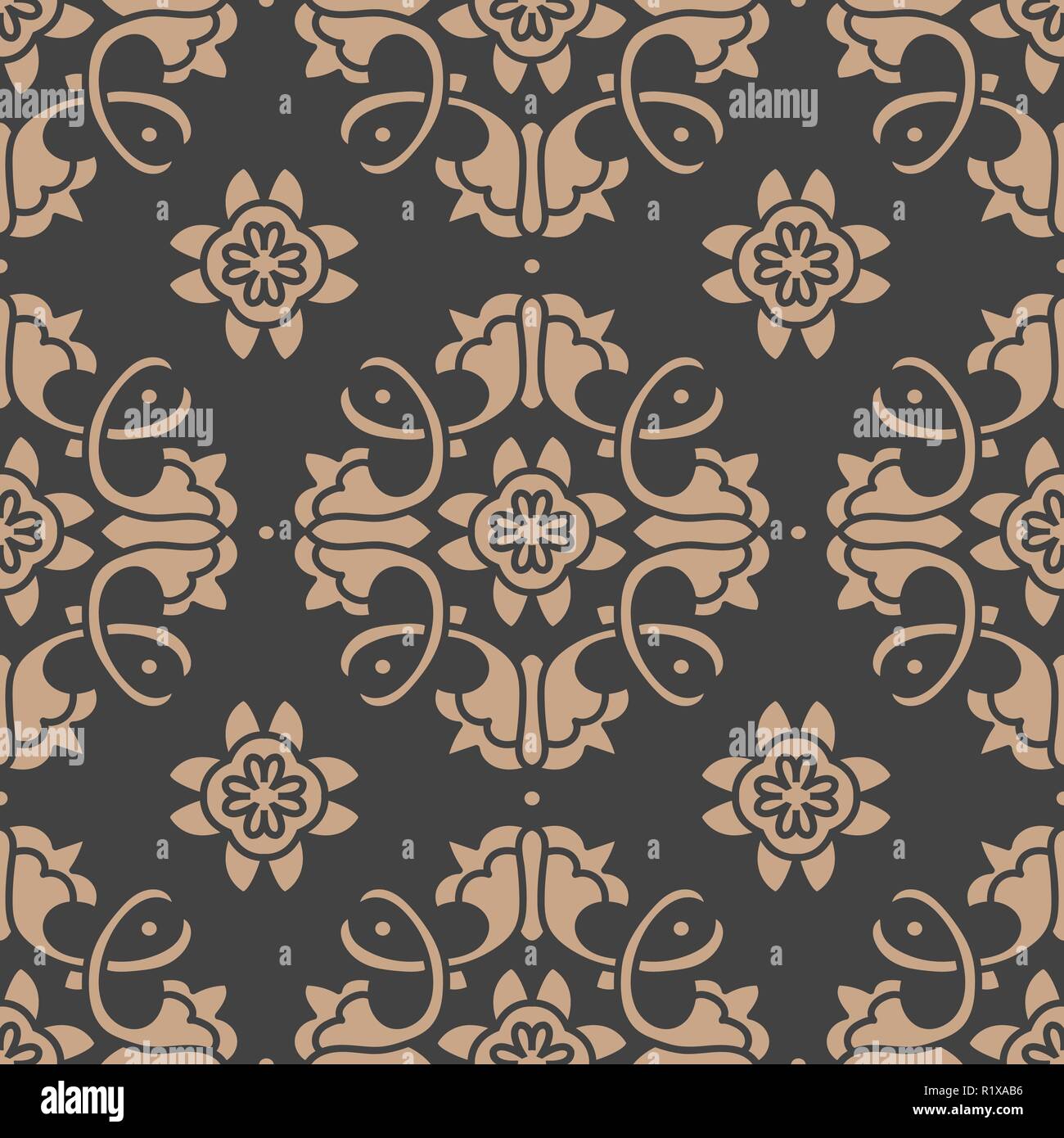 Vector damask seamless retro pattern background spiral curve cross oriental frame chain leaf ...