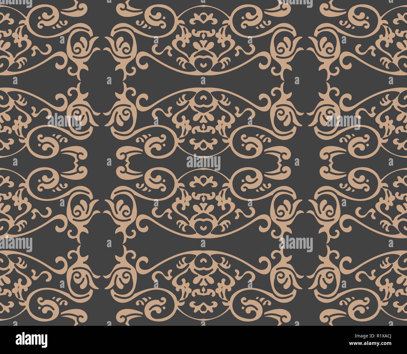 Vector damask seamless retro pattern background spiral curve cross oriental frame chain leaf ...