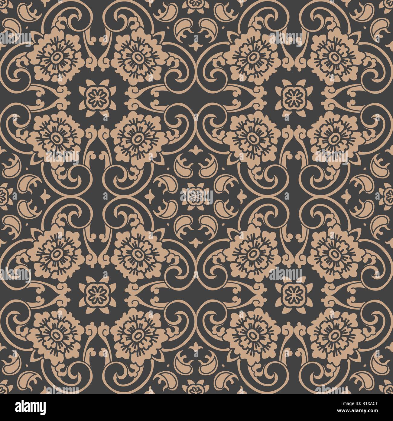 Vector damask seamless retro pattern background spiral curve cross oriental frame chain leaf ...
