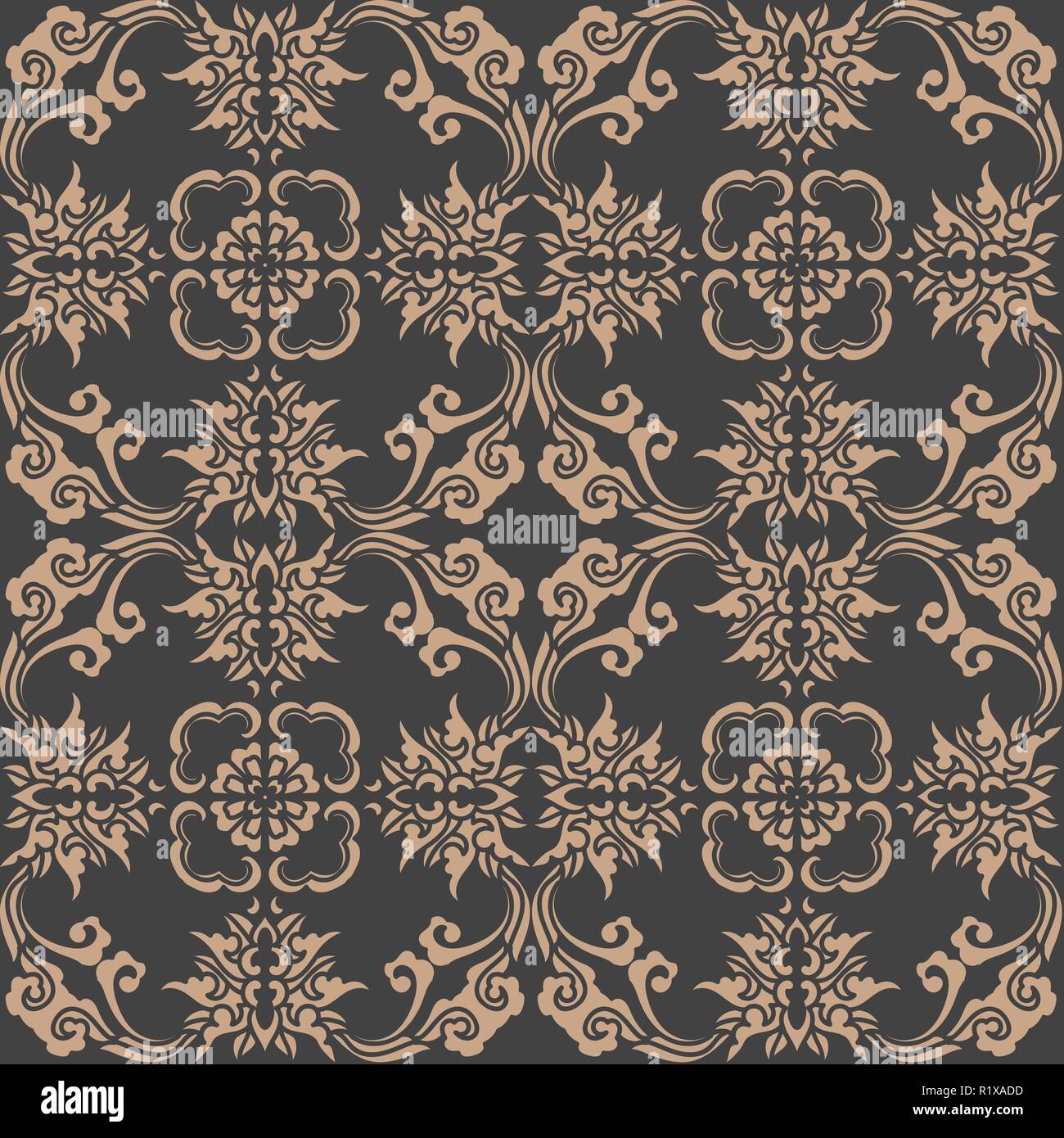 Vector damask seamless retro pattern background spiral curve cross oriental frame chain leaf ...