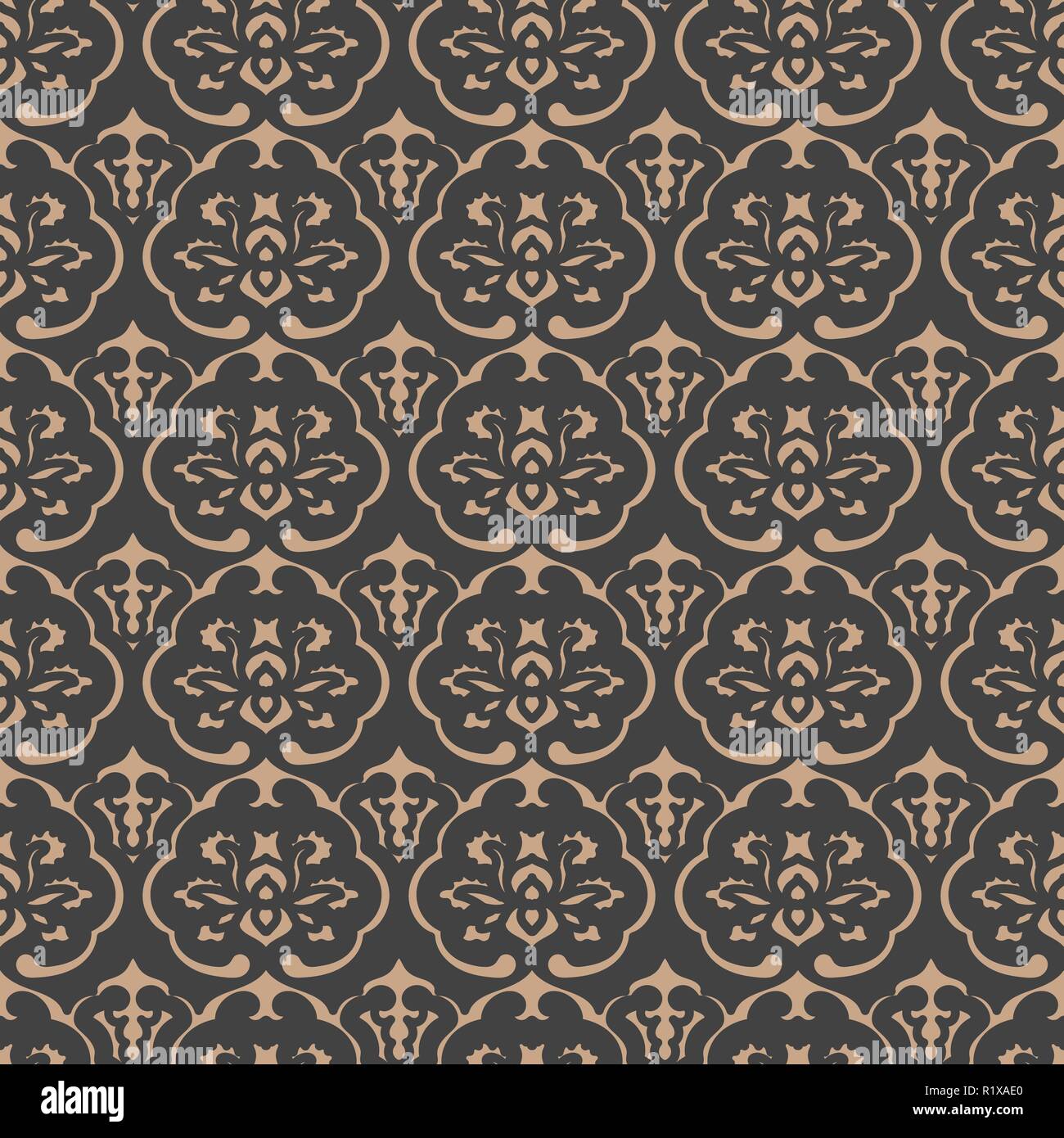 Vector damask seamless retro pattern background spiral curve cross oriental frame chain leaf ...