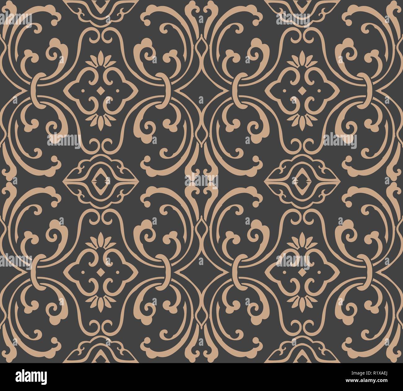 Vector damask seamless retro pattern background spiral curve cross oriental frame chain leaf ...