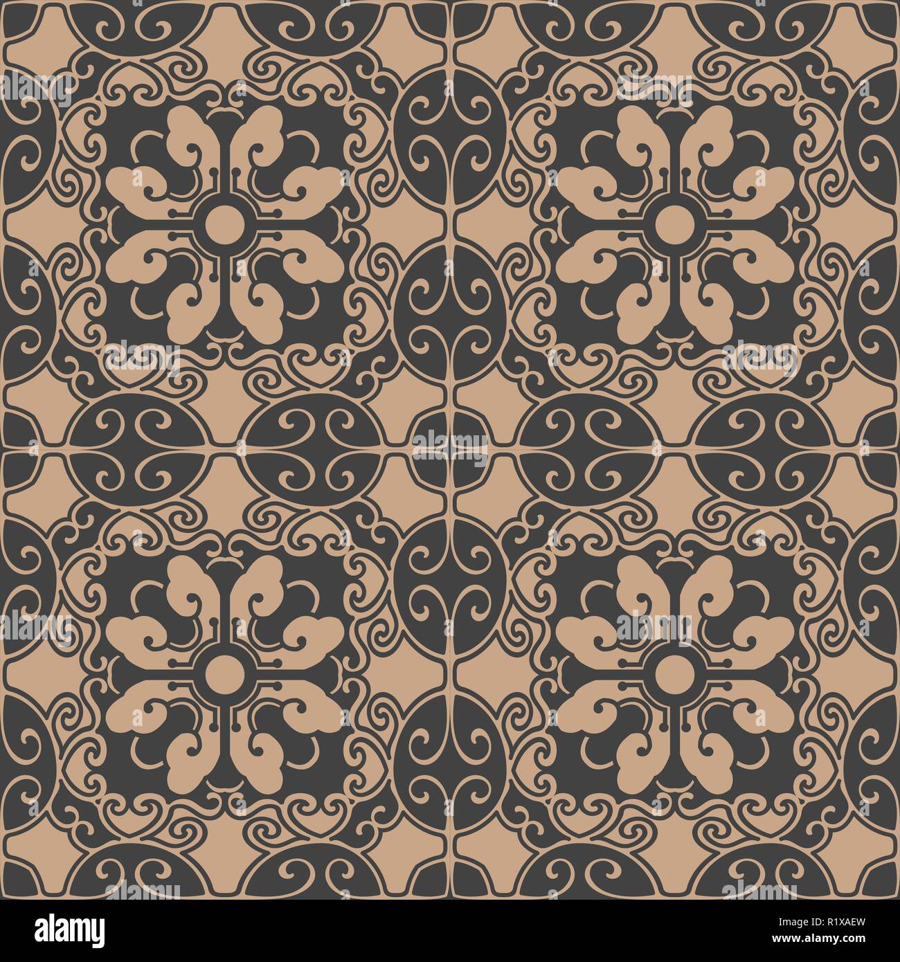 Vector damask seamless retro pattern background spiral curve cross oriental frame chain leaf ...