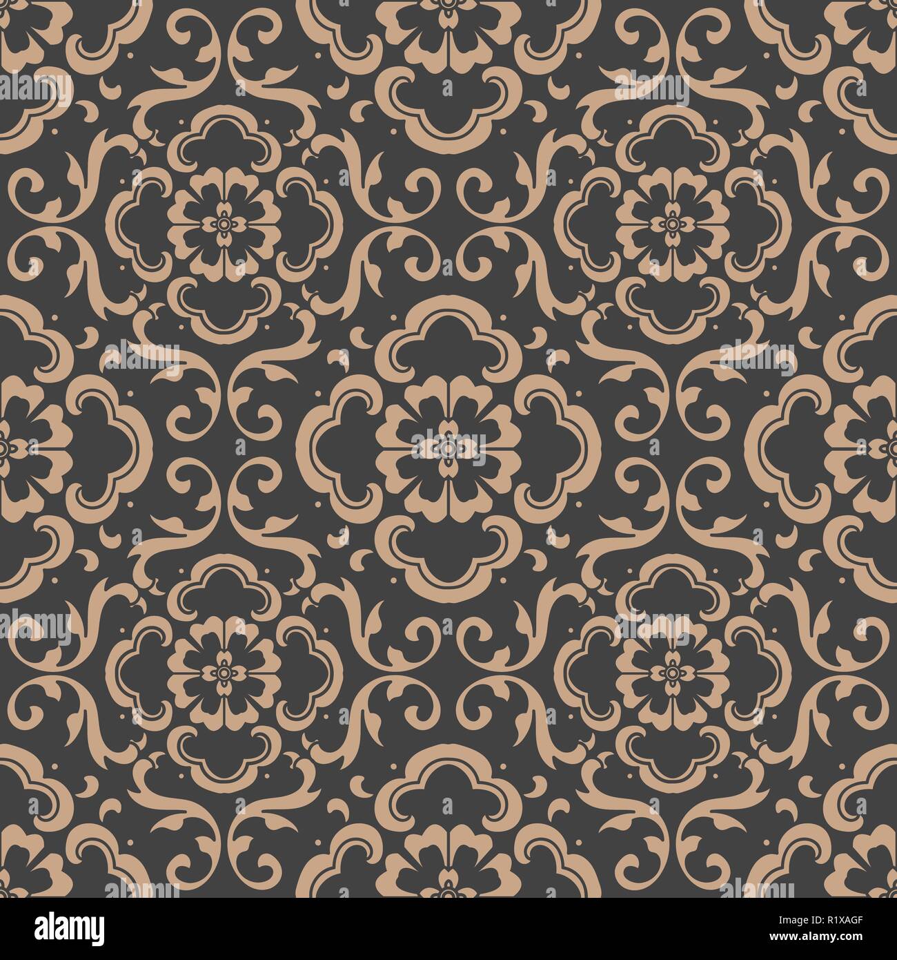 Vector damask seamless retro pattern background spiral curve cross oriental frame chain vine ...
