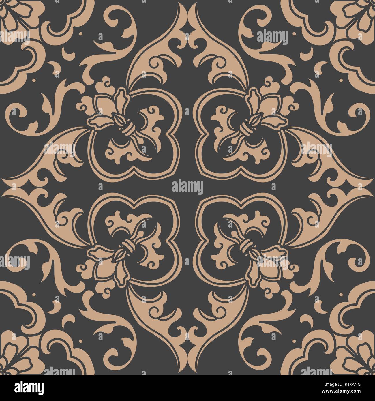 Vector damask seamless retro pattern background spiral curve cross oriental frame chain vine ...