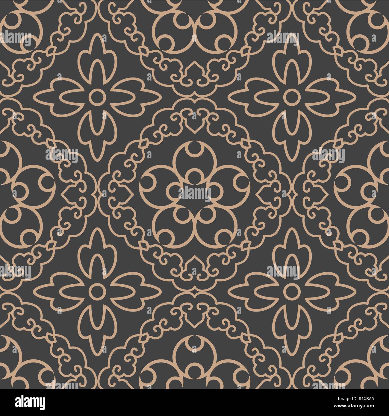 Vector damask seamless retro pattern background round spiral curve cross frame vine flower ...