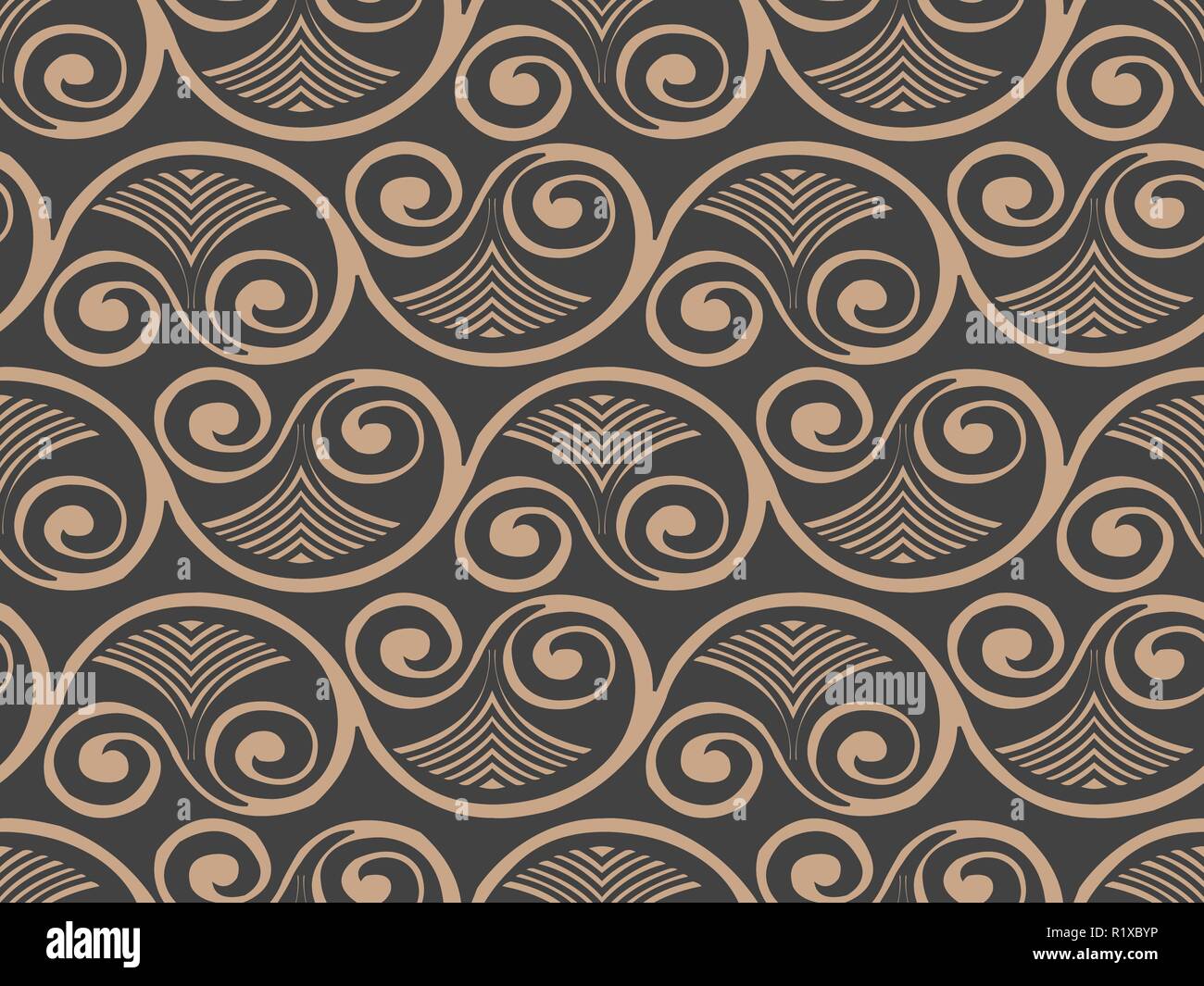 Vector damask seamless retro pattern background spiral round curve cross vortex frame vine crest ...