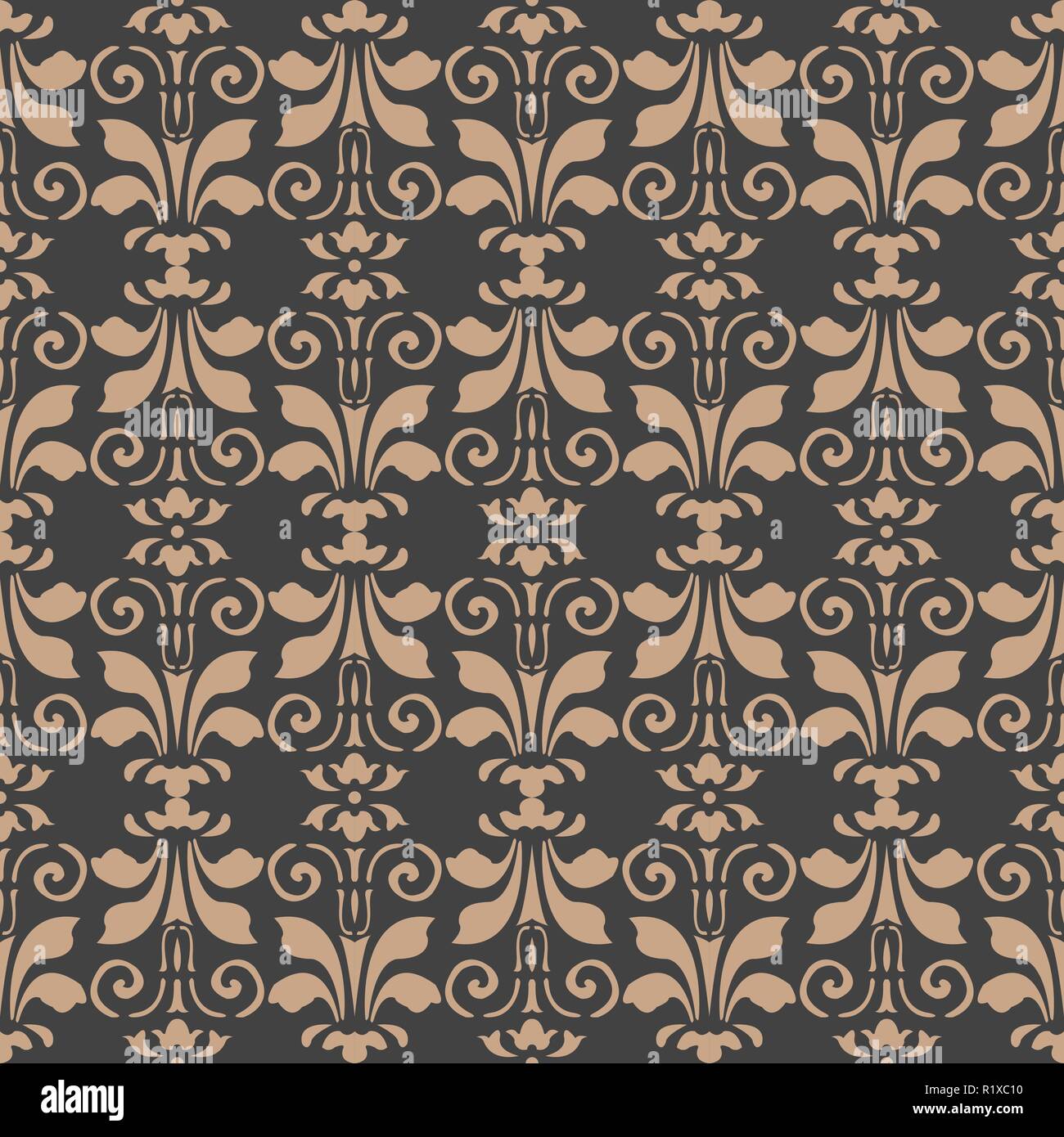 Vector damask seamless retro pattern background spiral curve cross leaf vine frame flower ...
