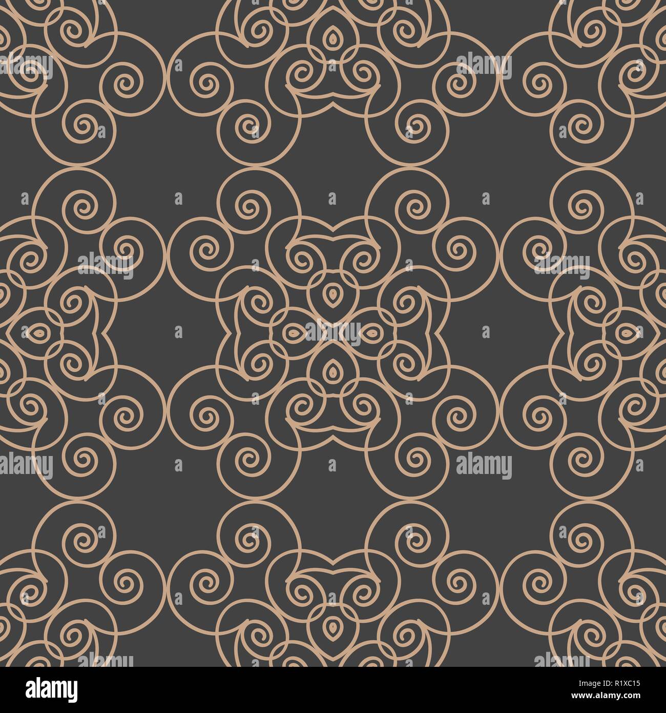 Vector damask seamless retro pattern background round vortex spiral curve cross frame vine chain ...