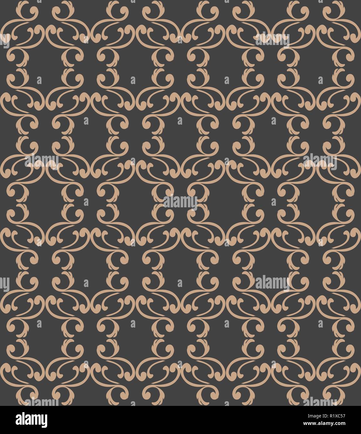 Vector damask seamless retro pattern background spiral curve cross vine frame chain. Elegant ...