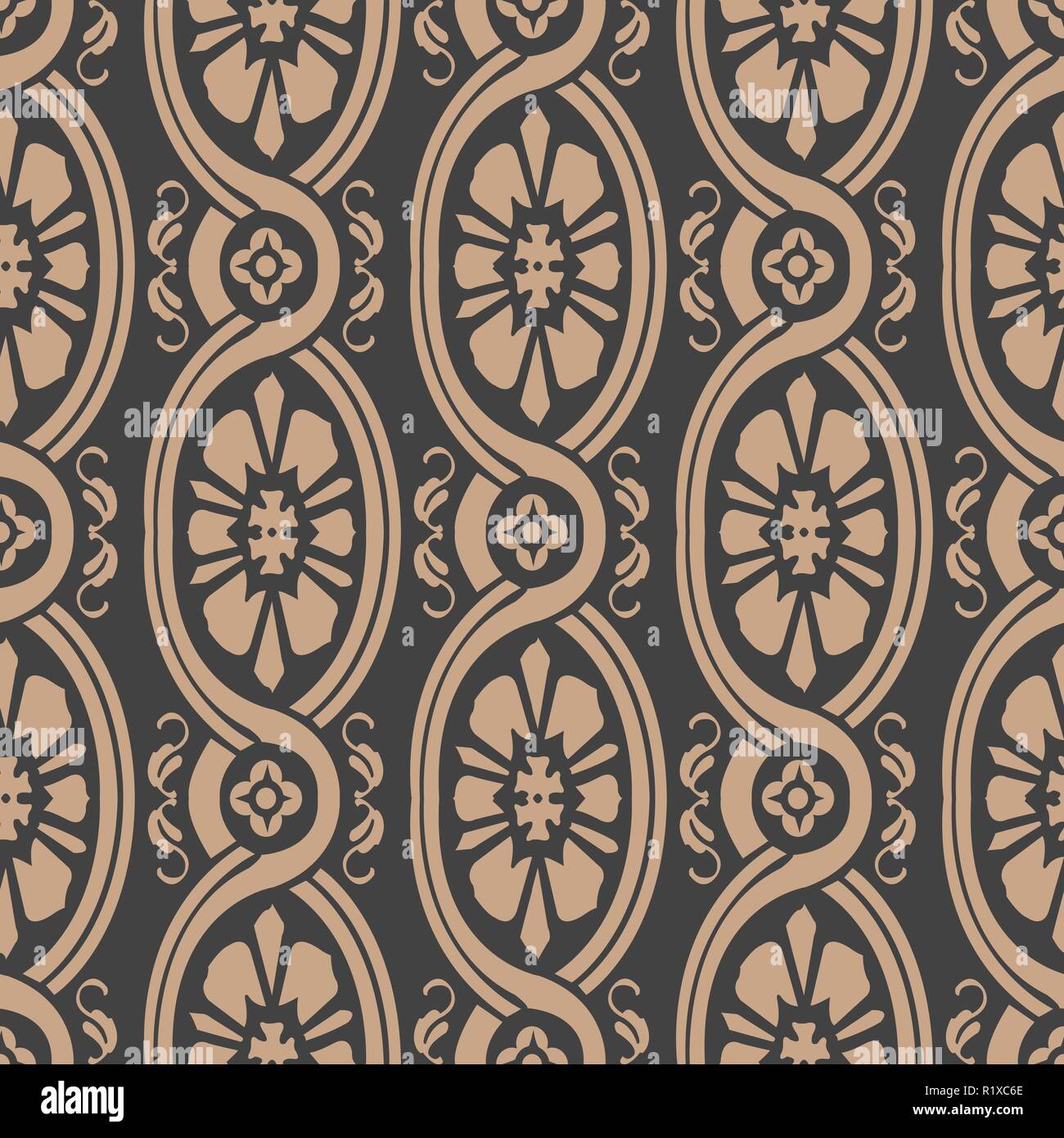Vector damask seamless retro pattern background round oval spiral curve cross frame flower ...