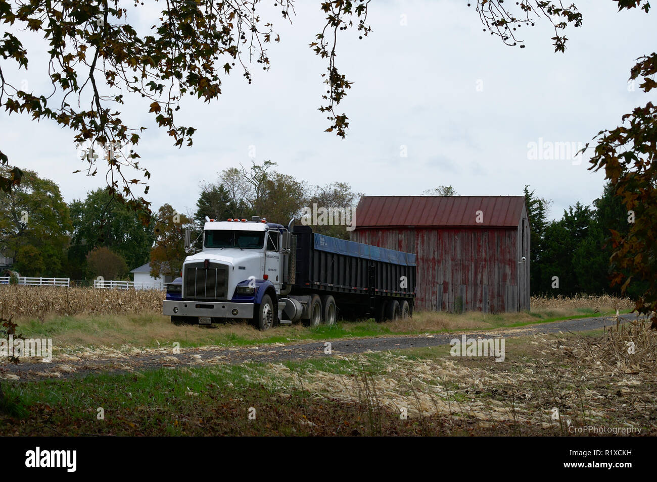 Tractor Trailer parked on farm near shed Stock Photo - Alamy