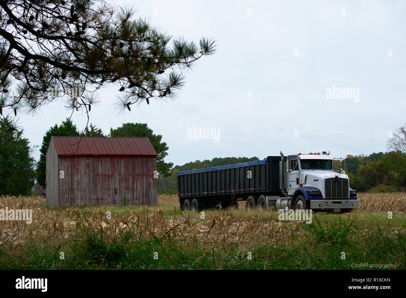 Tractor Trailer parked on farm near shed Stock Photo - Alamy