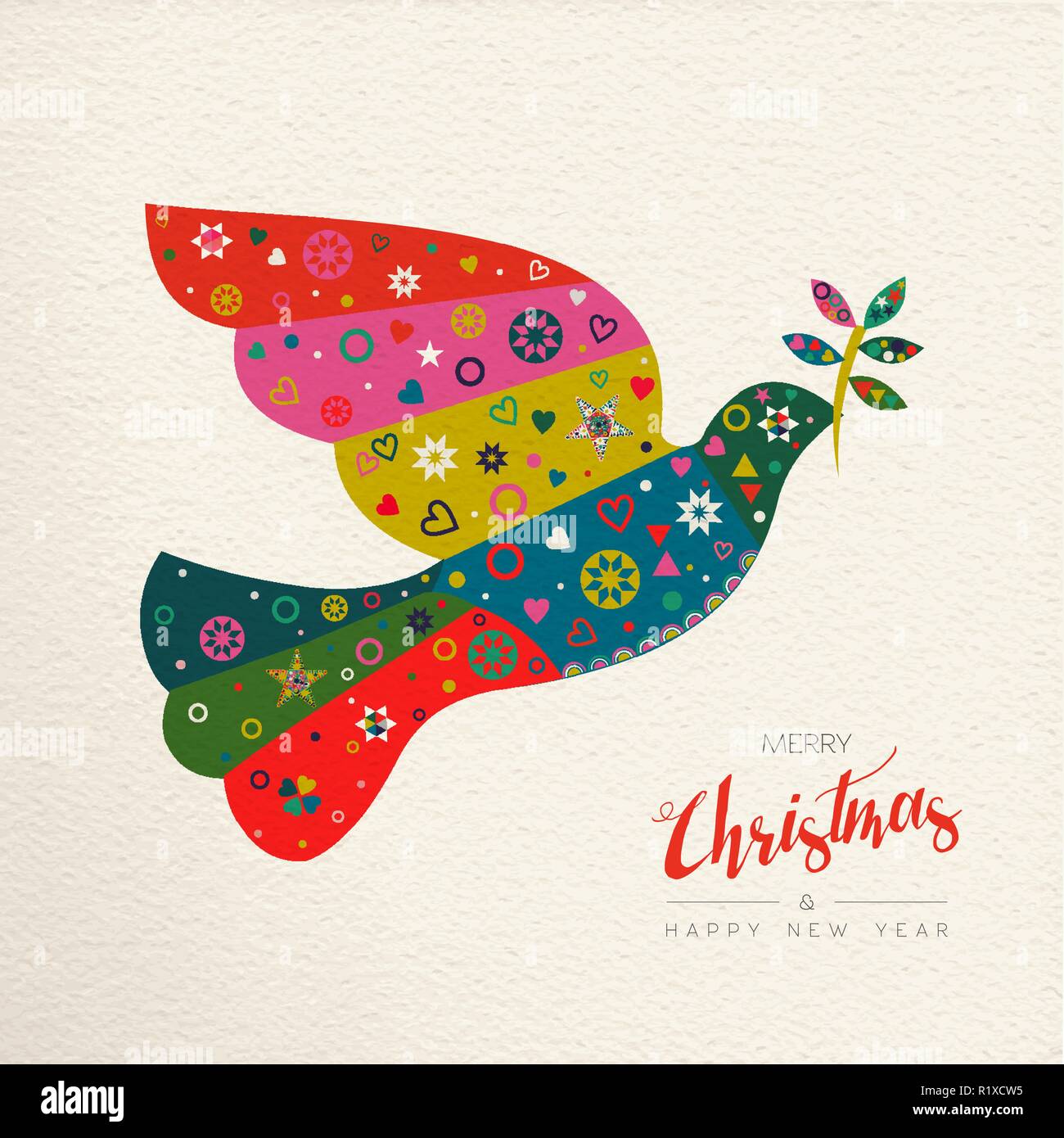 Merry Christmas and Happy New Year folk art greeting card bird ... Merry Christmas and Happy New Year folk art greeting card bird ...
