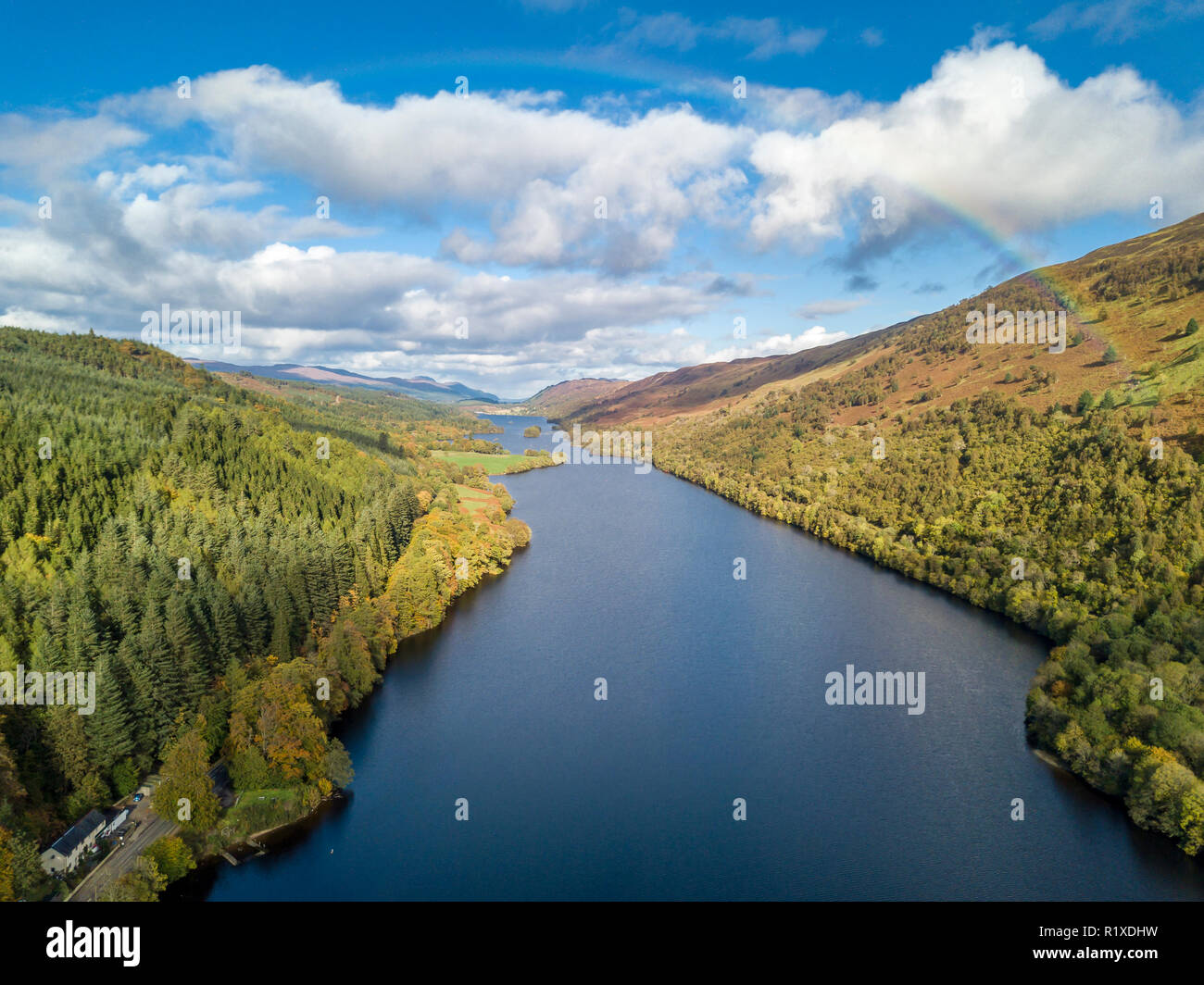 Flying through the Great Glen above Loch Oich in the scottish highlands ...