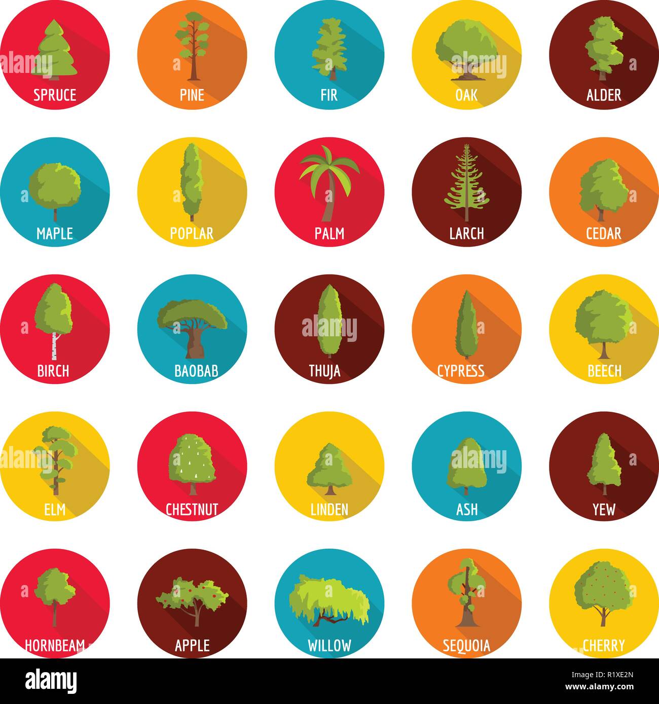 Tree icons set. Flat illustration of 25 tree vector icons circle ...