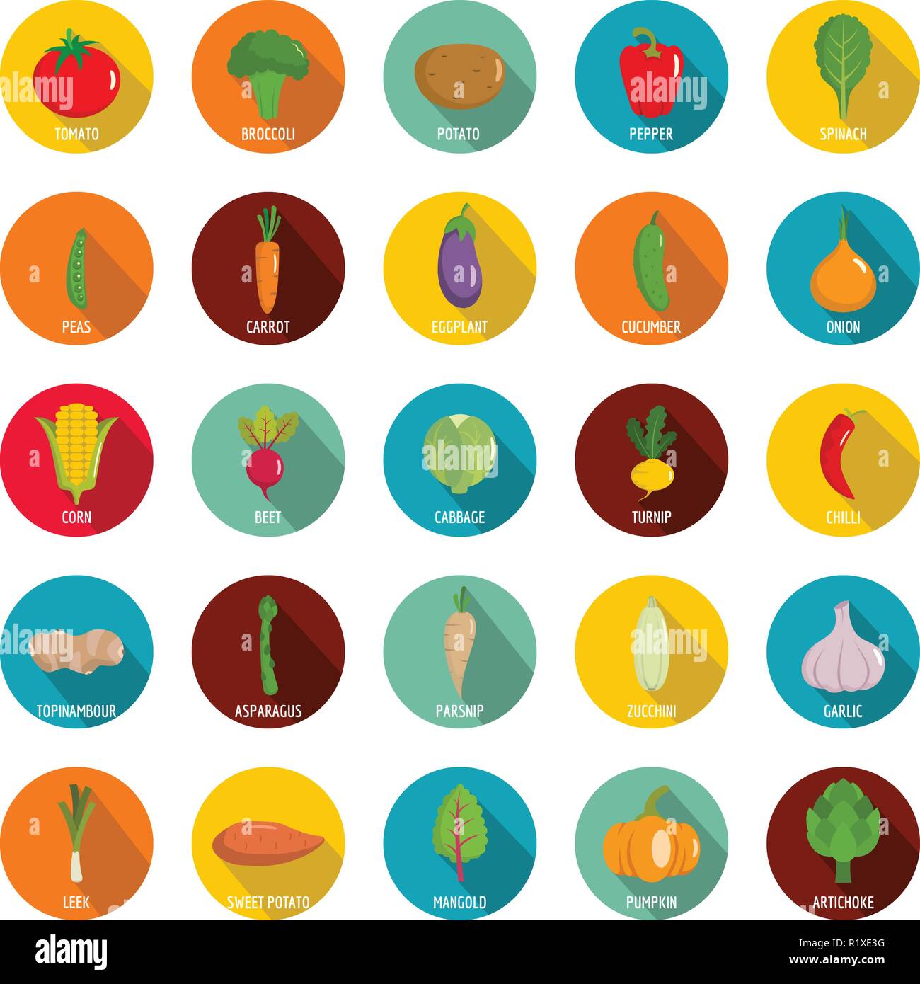 Vegetables icons set. Flat illustration of 25 vegetables vector icons ...