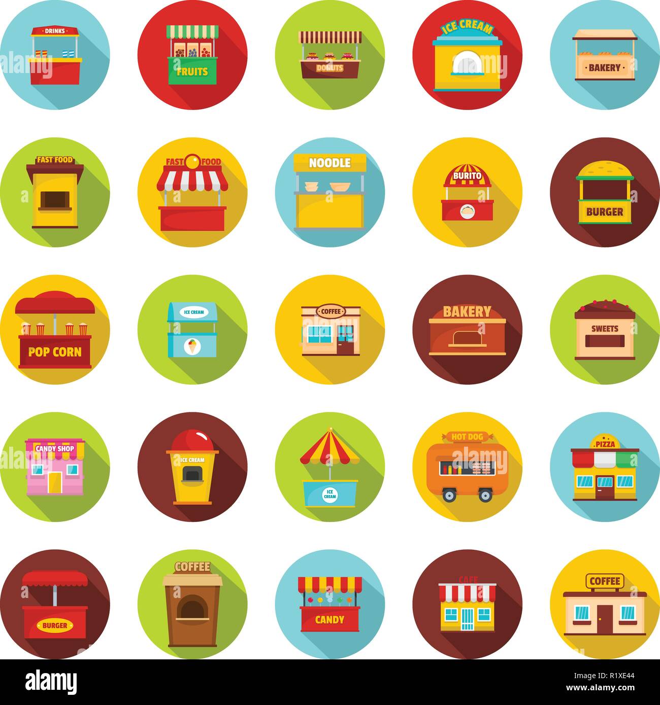 Street food kiosk icons set. Flat illustration of 25 street food kiosk ...