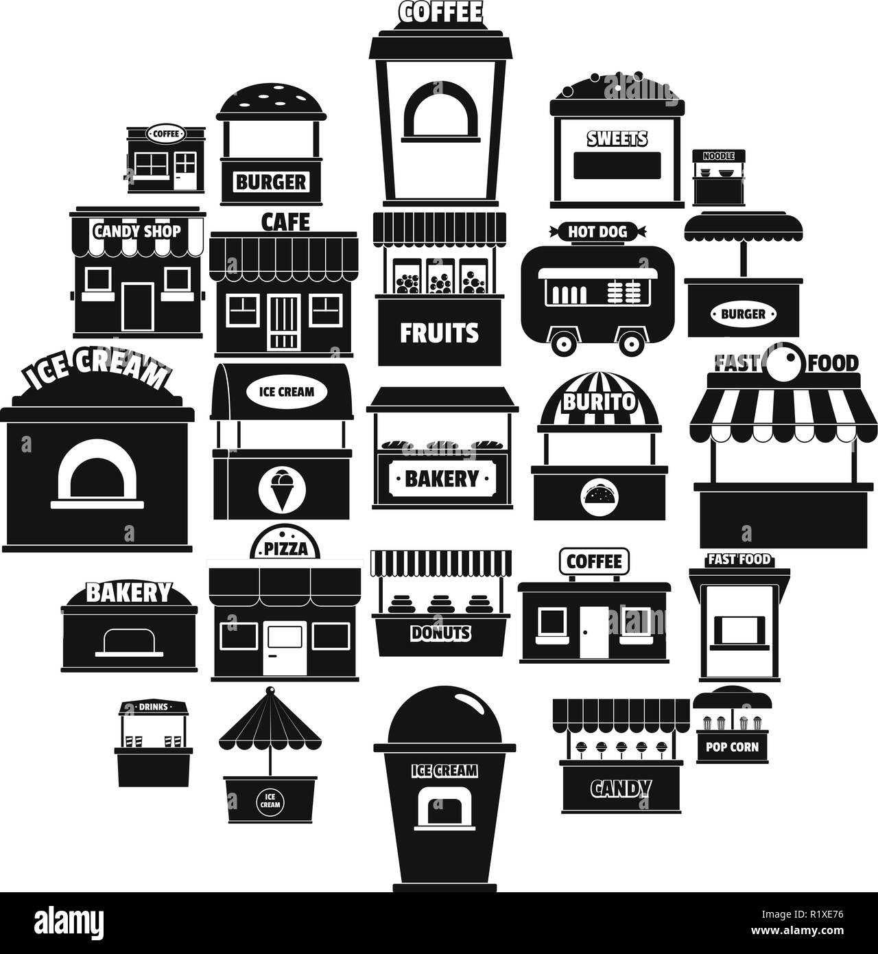 Street food kiosk icons set. Simple illustration of 25 street food ...