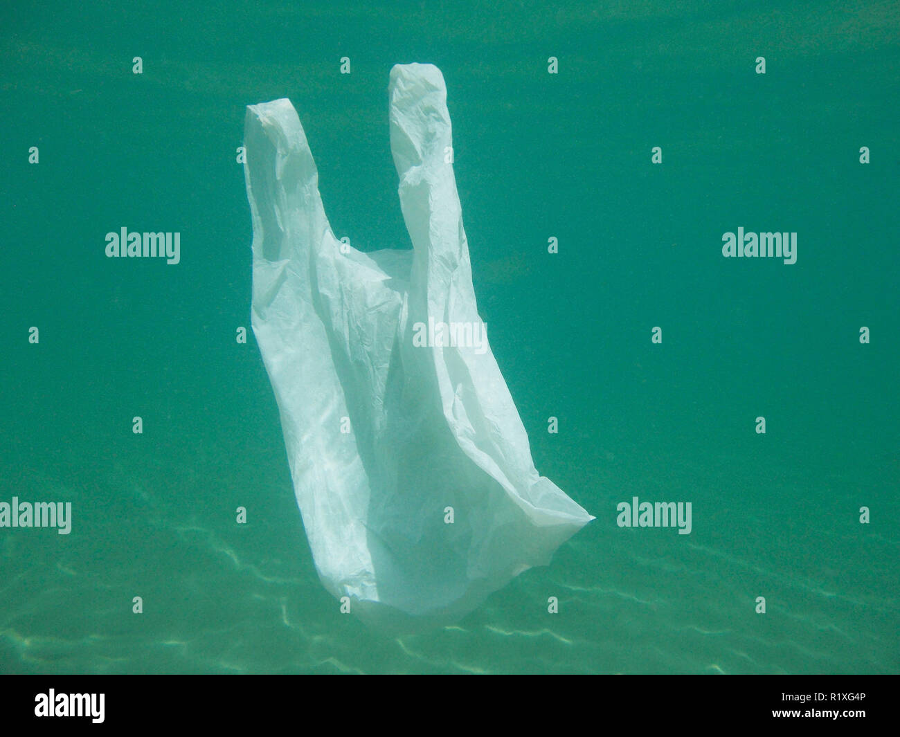 Plastic bag floating into the sea. Polluted environmental. Recycle ...