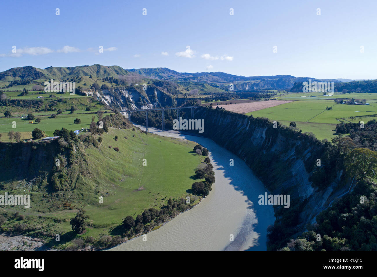 Rangitikei River, farmland, and Mangaweka Railway Viaduct, near ...
