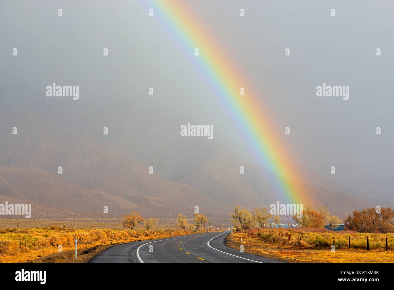 A rainbow along Highway 395 in the Owens Valley along the eastern ...