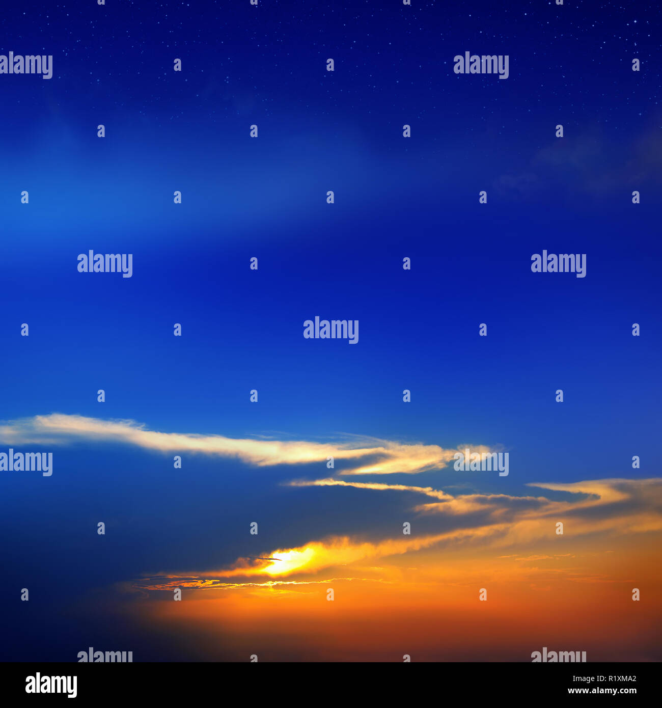 Beautiful cloudscape of colorful sunset sky with shining sun and stars ...