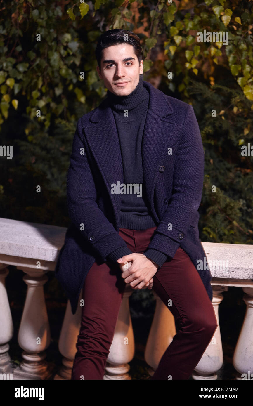 one handsome young man, 20-29 years old, posing, autumn clothes ...