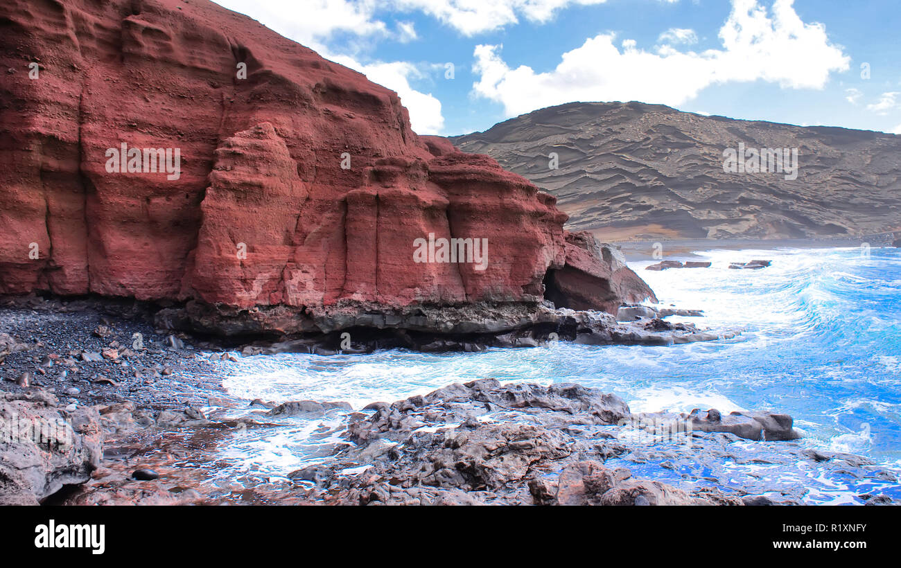 Scenic Lanzarote ocean shore with lava and volcanic formations Stock ...