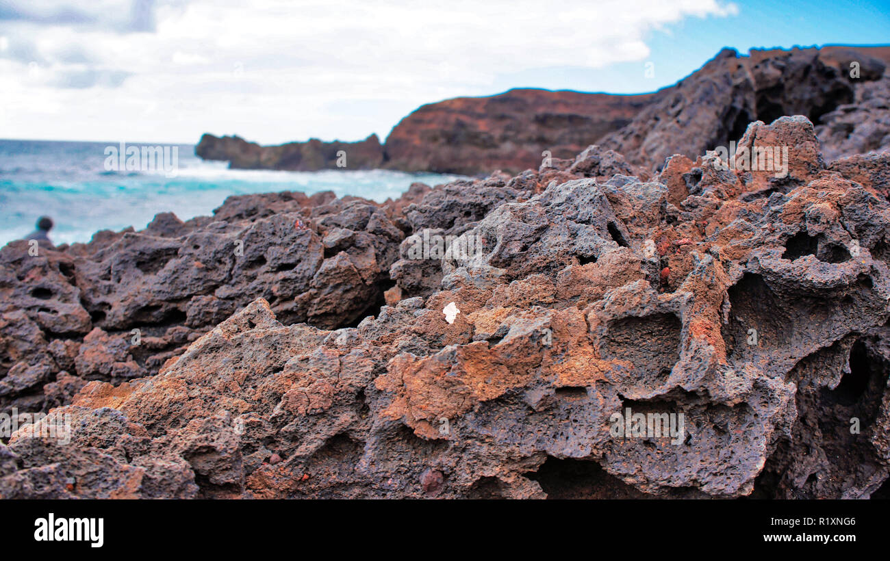 Scenic Lanzarote ocean shore with lava and volcanic formations Stock ...