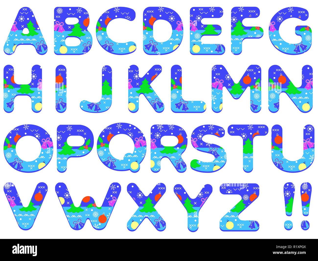 Alphabet decorated with Christmas pictures. Happy New Year 2019 and ...