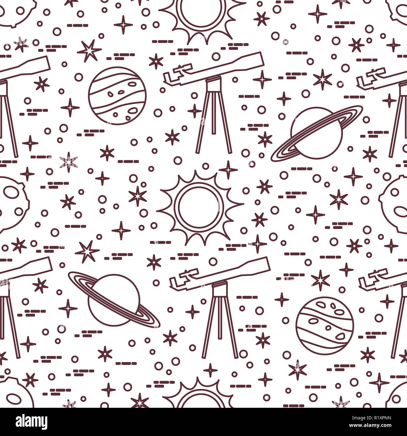 Seamless pattern with telescope, sun, planets, stars. Space exploration ...
