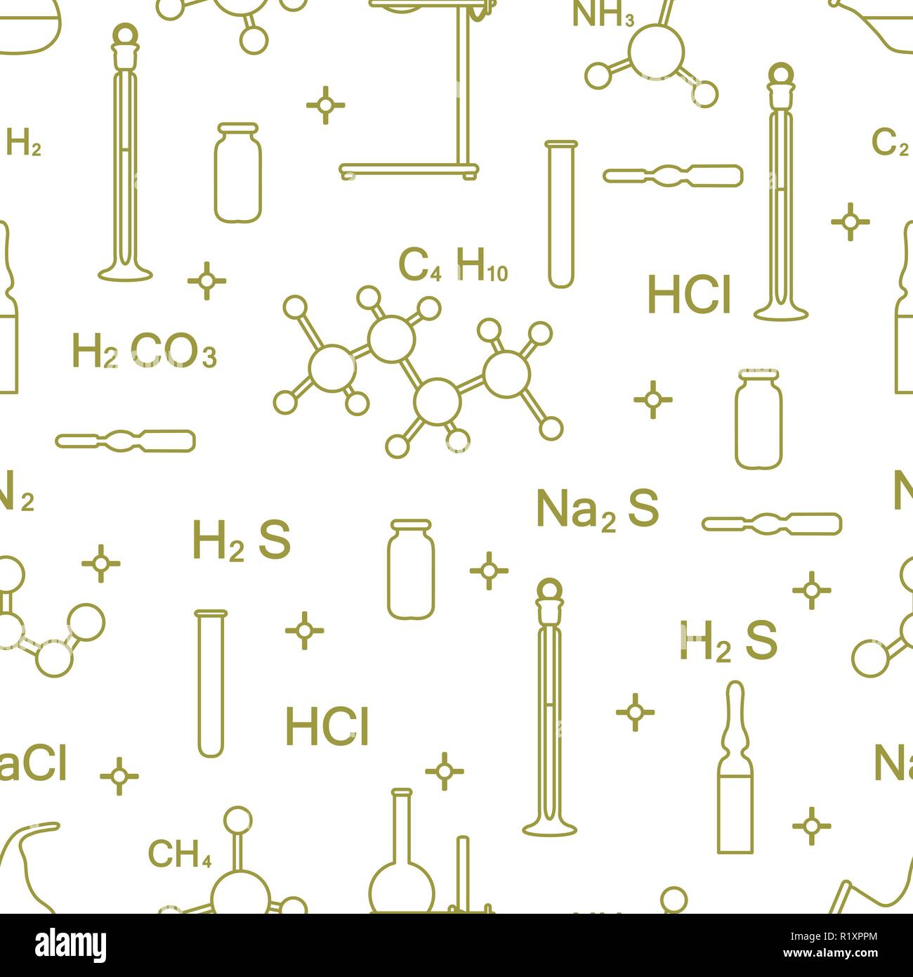 Scientific vector seamless pattern with flasks, test tubes, beakers ...