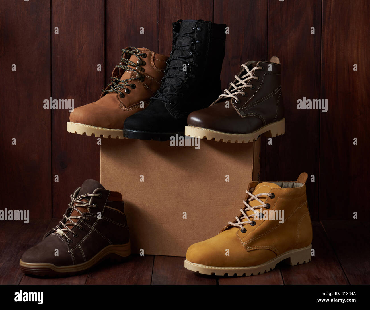 Set of leather shoes stand on shoe box and wooden background Stock ...