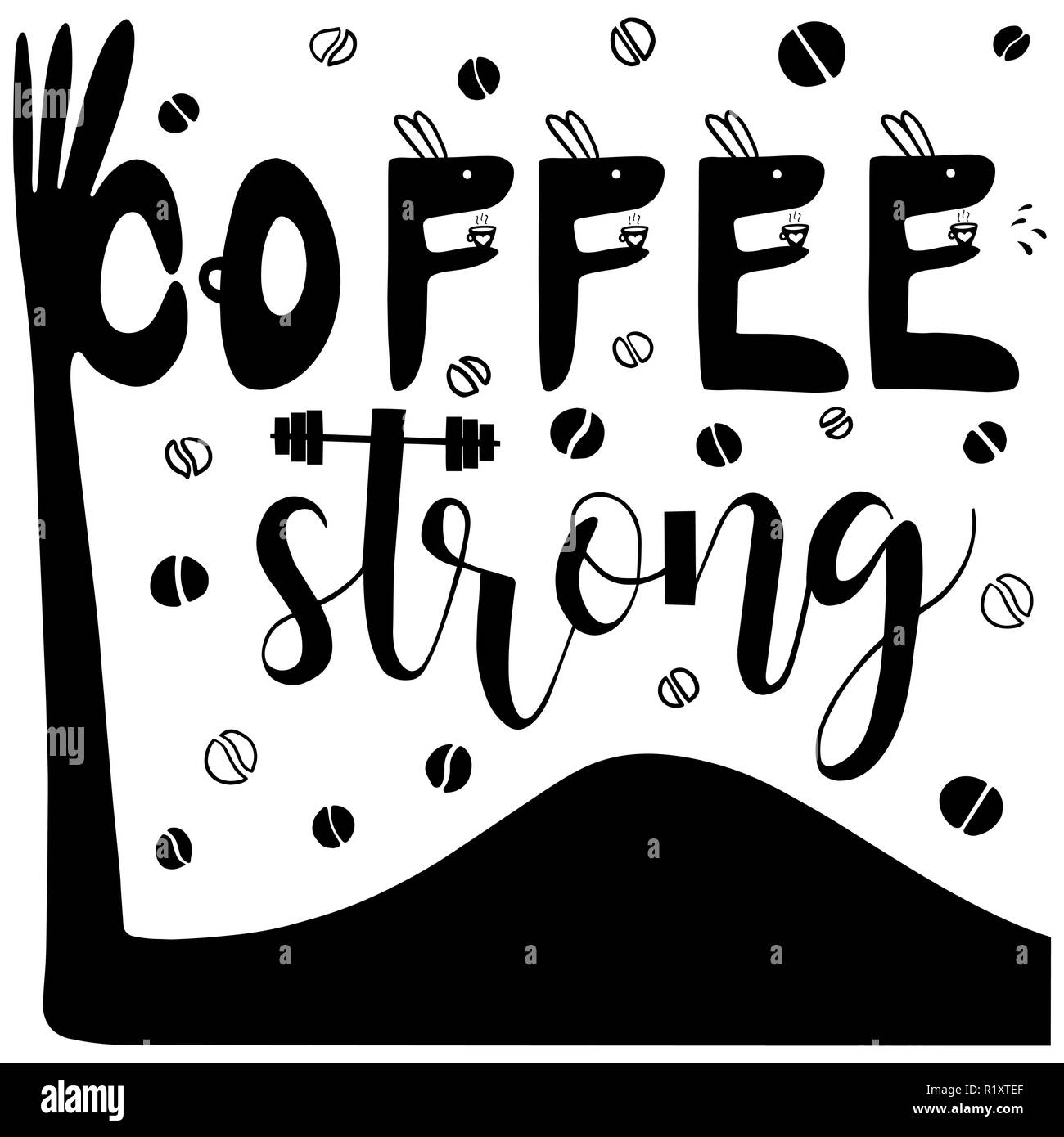 Cafe label and coffee beans and a hand with a strong bicep on the white ...