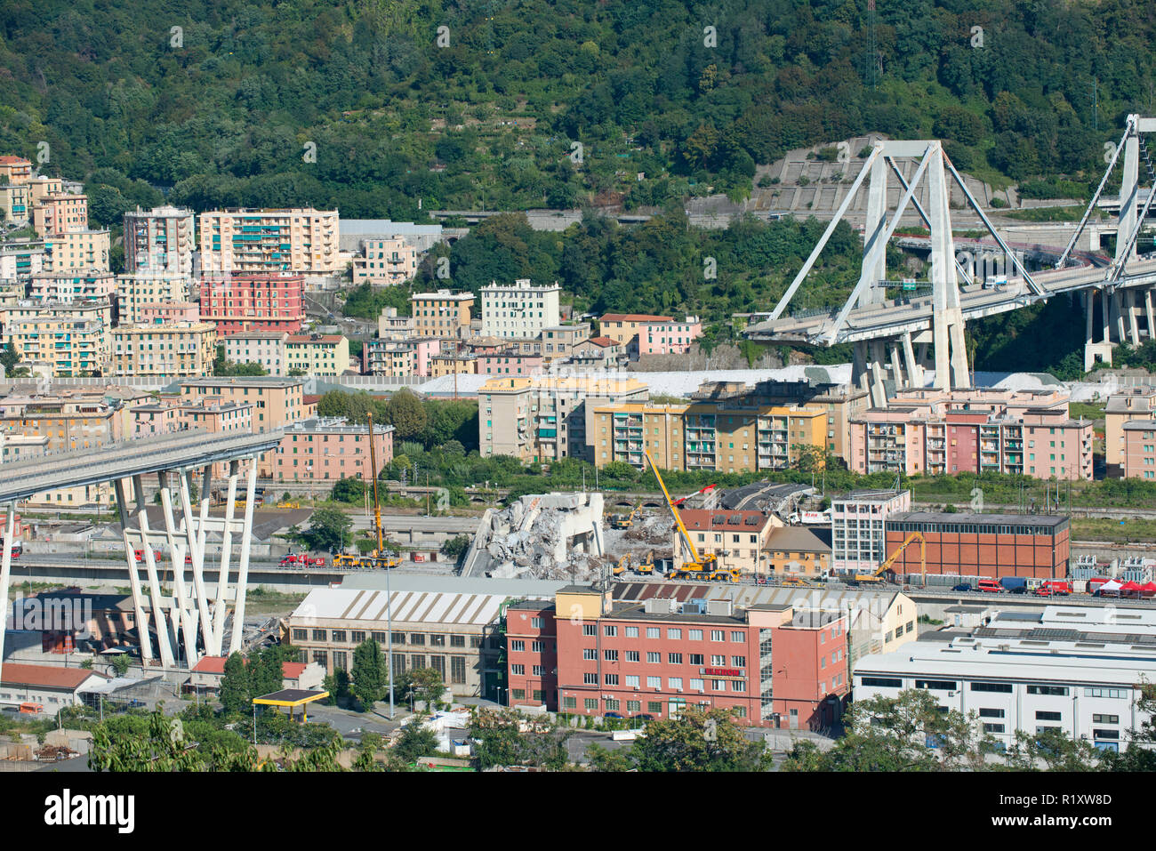 Genoa, Italy, what remains of collapsed Morandi Bridge connecting A10 ...