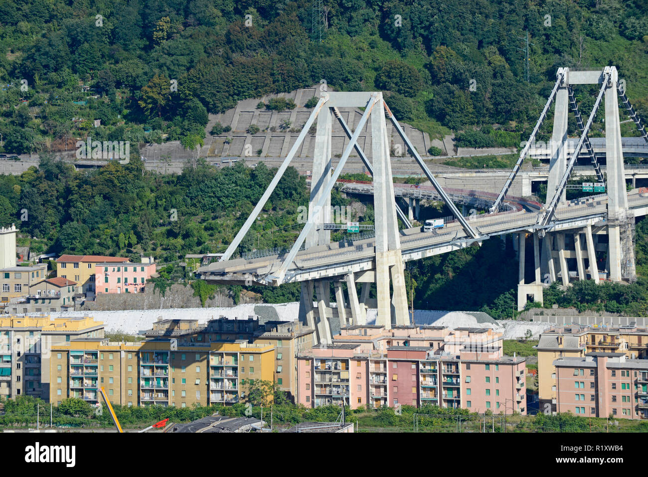 Genoa, Italy, what remains of collapsed Morandi Bridge connecting A10 ...