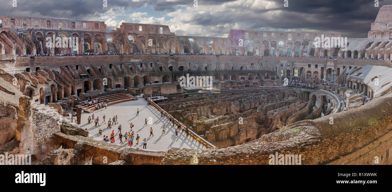 Panoramic view of the interior and the arena of the Colosseum, Rome ...