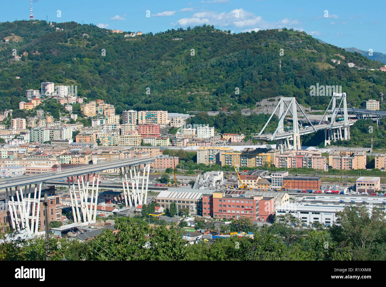 Genoa, Italy, what remains of collapsed Morandi Bridge connecting A10 ...