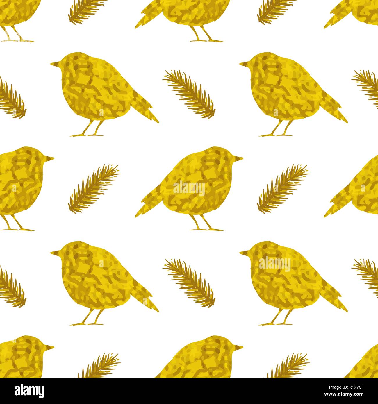 Festive seamless pattern with golden birds on a white background ...
